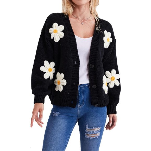 Sweaters | Womens Long Sleeve Open Front Flower Knit Cardigan Aesthetic ...